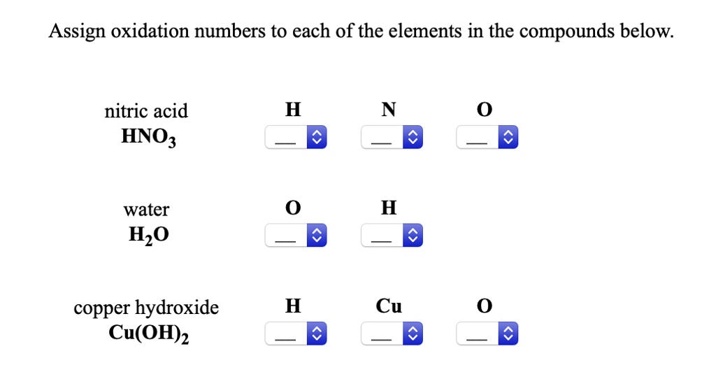 SOLVED: Assign oxidation numbers to each of the elements in the ... SOLVED: Assign oxidation numbers to each of the elements in the ...