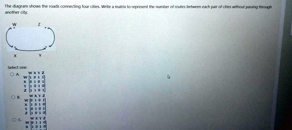 the diagram shows the roads connecting four cities write matrix t0 ...