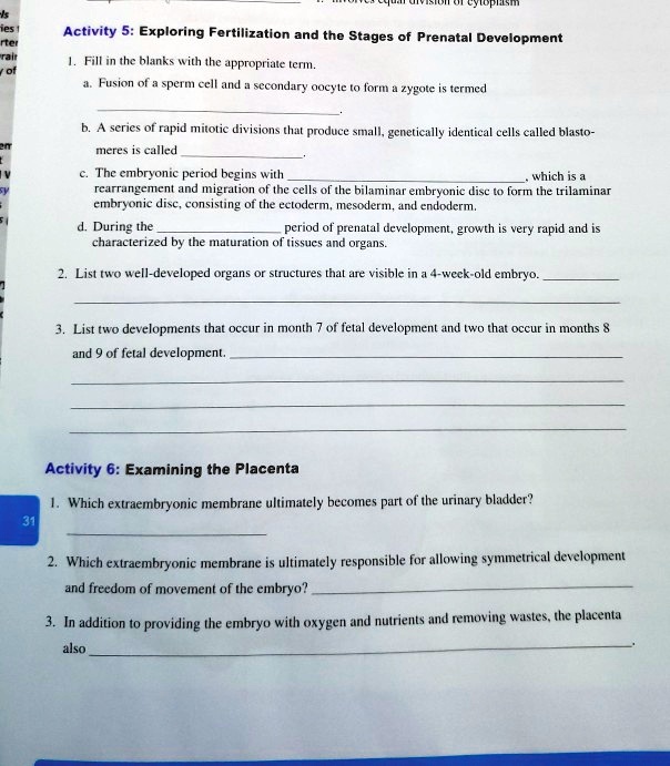 Activity 5: Exploring Fertilization and the Stages of Prenatal Development 1. Fill in the blanks ...