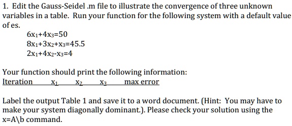 Solved Edit The Gauss Seidel M File To Illustrate The Convergence Of Three Unknown Variables