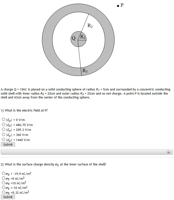 SOLVED:R2 Rz charge Q = 1OnC is placed on solid conducting sphere of radius Ri Scm and ...