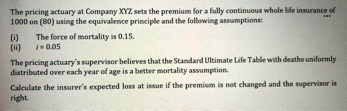 SOLVED: The pricing actuary at Company XYZ sets the premium for a fully ...
