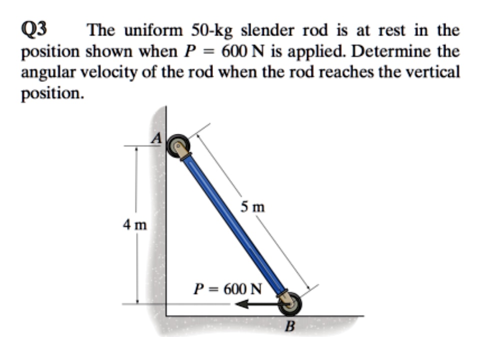 Q3 The uniform 50-kg slender rod is at rest in the position shown when ...