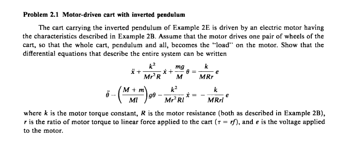 SOLVED: Problem 2.1 Motor-driven cart with inverted pendulum The cart ...