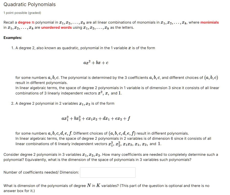 SOLVED: Quadratic Polynomials Recall that degree n polynomials in T1 ...