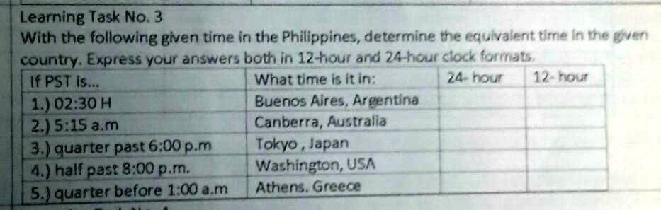 With the following given time in the Philippines, determine the ...