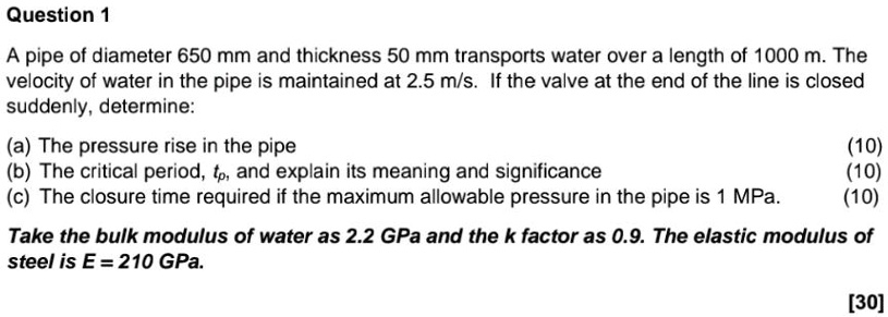 SOLVED: 1 Question 1 A pipe of diameter 650 mm and thickness 50 mm transports water over a ...
