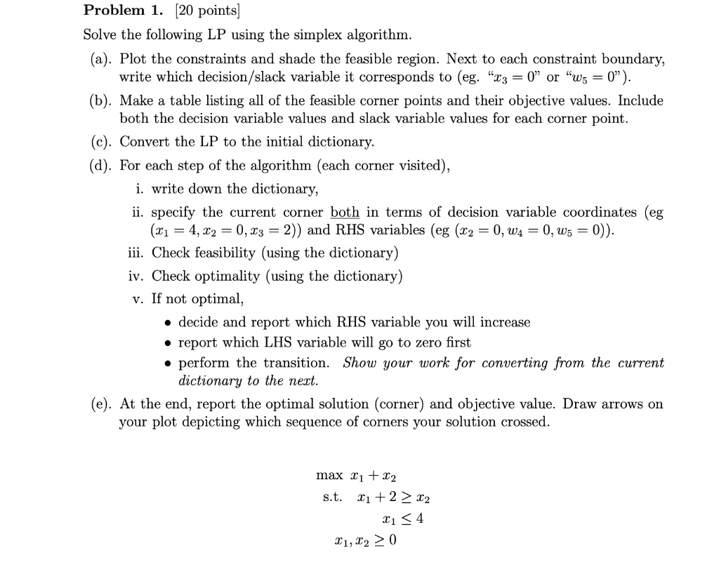 Solved Problem 20 Points Solve The Following Lp Using The Simplex Algorithm A Plot The 9810