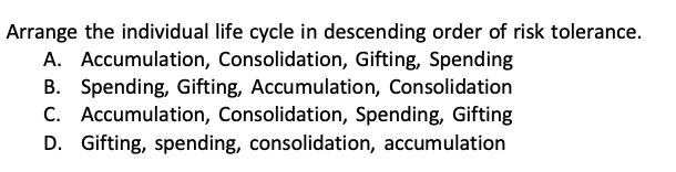 Arrange the individual life cycle in descending order of risk tolerance ...