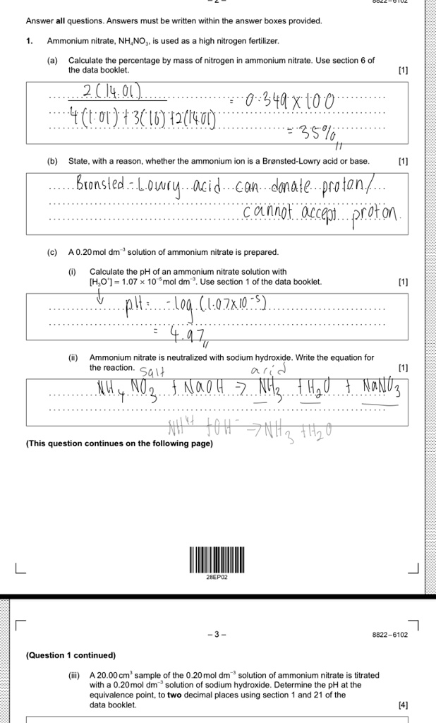 Iii a 2000 cm3 sample of the 020 mol dm 3 solution of...