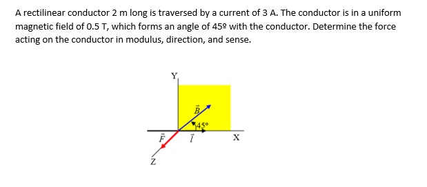 SOLVED: A rectilinear conductor 2 m long is traversed by current of 3 A ...