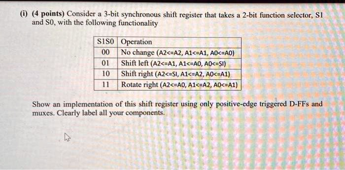 SOLVED: Consider a 3-bit synchronous shift register that takes a 2-bit function selector, SI and ...