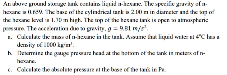 An above ground storage tank contains liquid n-hexane. The specific ...