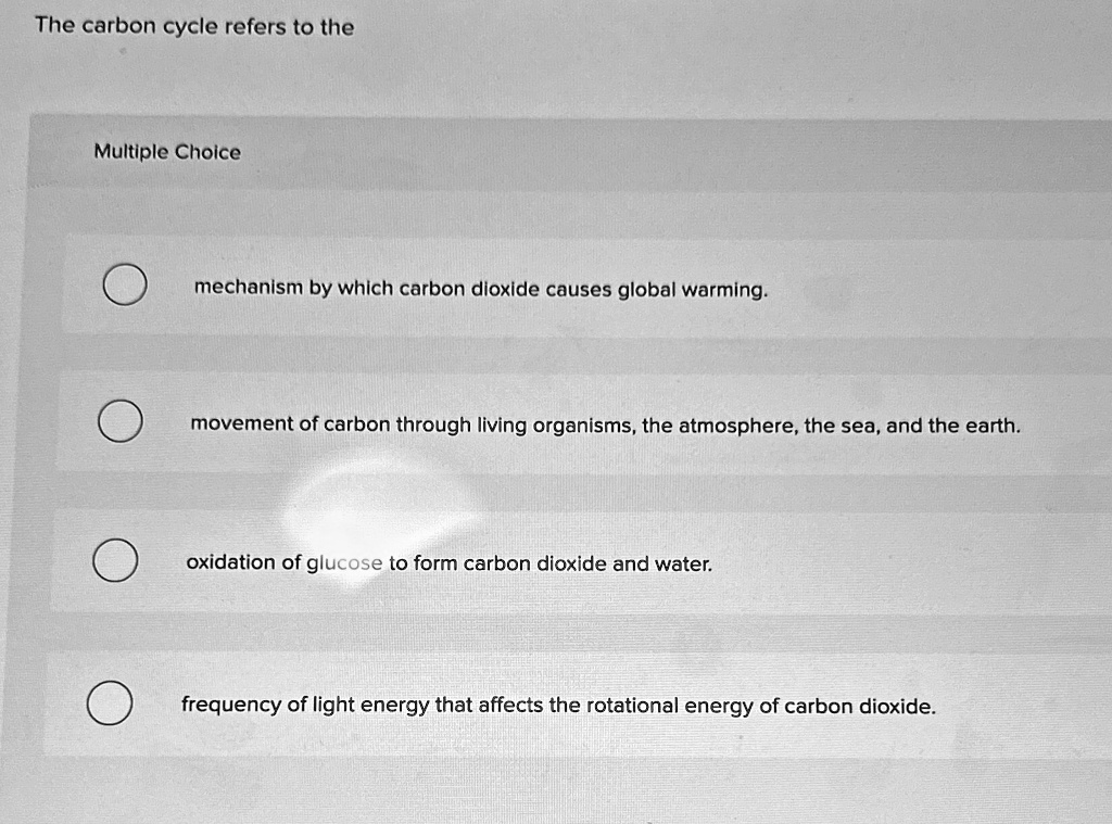 The carbon cycle refers to the Multiple Choice mechanism by which ...