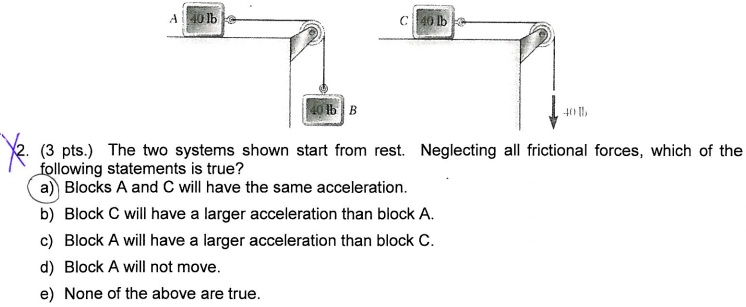 2. (3 pts.) The two systems shown start from rest. Neglecting all frictional forces, which of ...