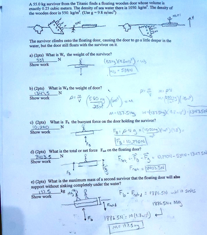 a 550kg survivor from the titanic finds floating wooden door whose volume is exactly 025 cubic ...