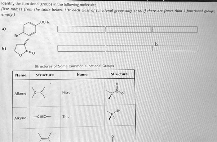 Identify the functional groups in the following molecules. (Use names from the table below. List ...