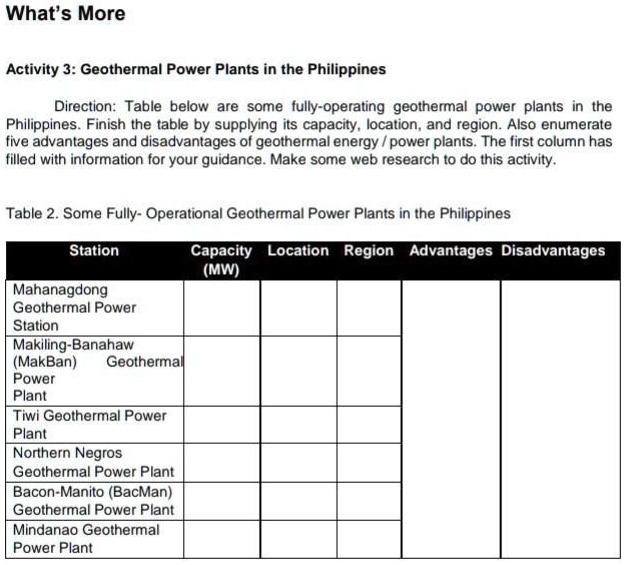 What's More Activity 3: Geothermal Power Plants in the Philippines ...