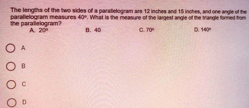 SOLVED: The lengths of the two sides of a parallelogram are 12 inches ...