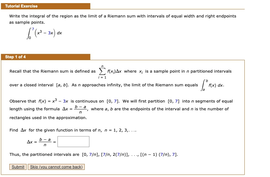SOLVED: Tutorial Exercise Write the integral of the region as the limit of Riemann sum with ...
