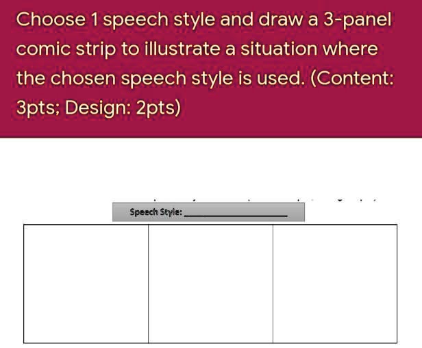 choose 1 speech style and draw a 3 panel comic strip to illustrate a ...