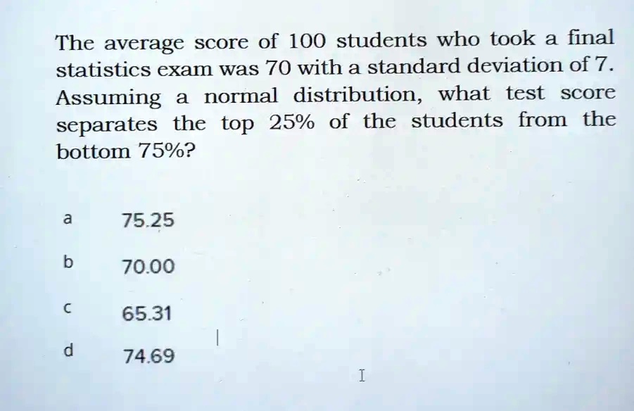 SOLVED: The average score of 100 students who took a final statistics ...