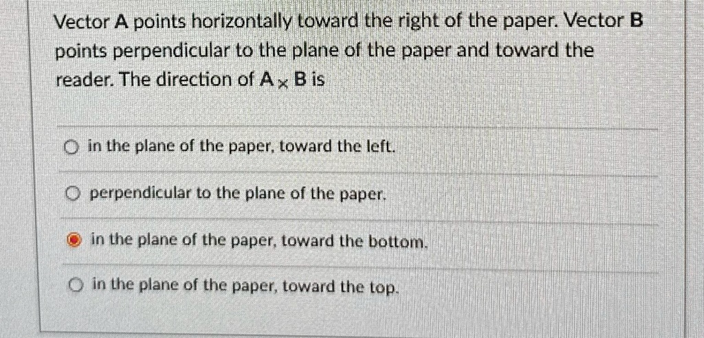 Vector A points horizontally toward the right of the paper. Vector B ...