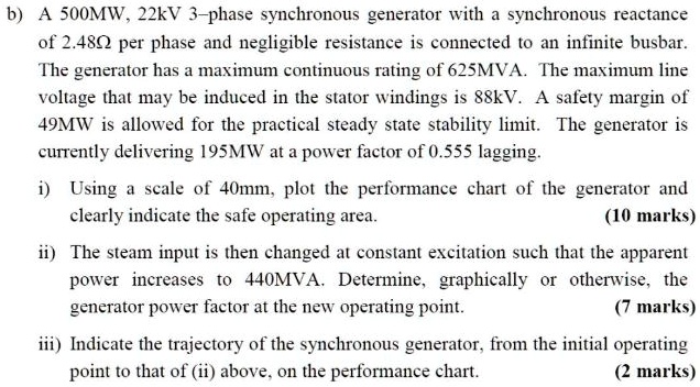 SOLVED: A 500 MW, 22 kV 3-phase synchronous generator with a synchronous reactance of 2.48 per ...