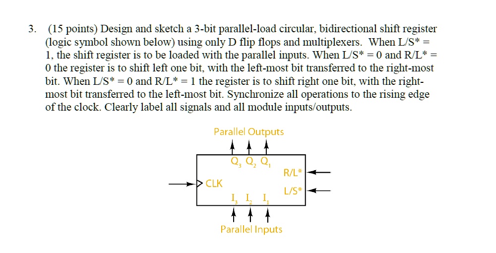 Design and sketch a 3-bit parallel-load circular, bidirectional shift register (logic symbol ...