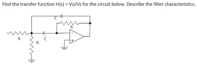 SOLVED: Find the transfer function H(s) = Vo/Vs for the circuit below. Describe the filter ...