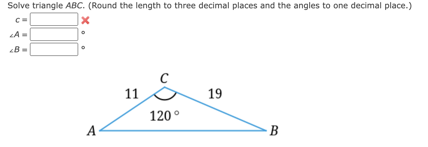 SOLVED: Solve triangle A B C. (Round the length to three decimal places ...