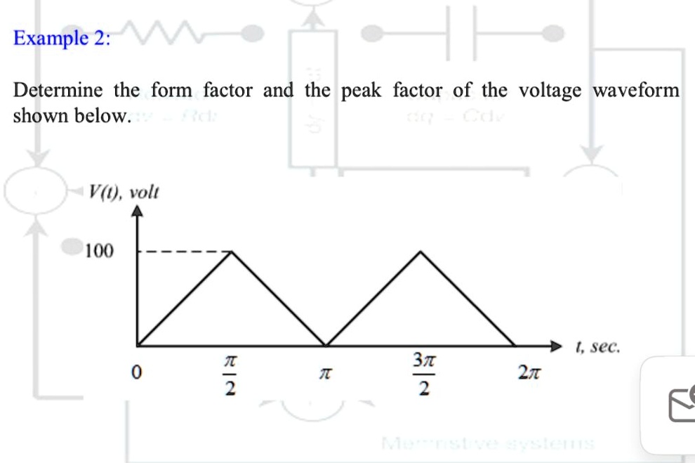 Example 2: Determine the form factor and the peak factor of the voltage waveform shown below. V0 ...