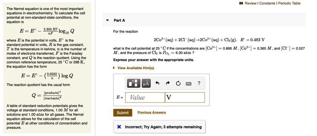 SOLVED: Text: Review Constants Periodic Table The Nernst equation is ...