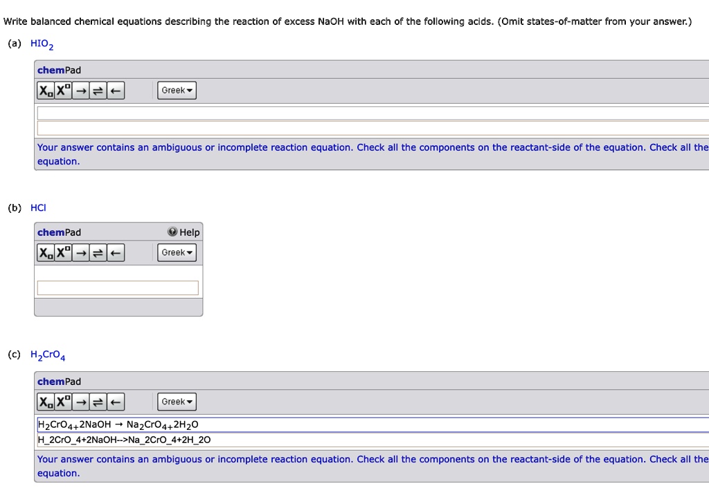 write balanced chemical equations describing the reaction of excess naoh with each of the ...
