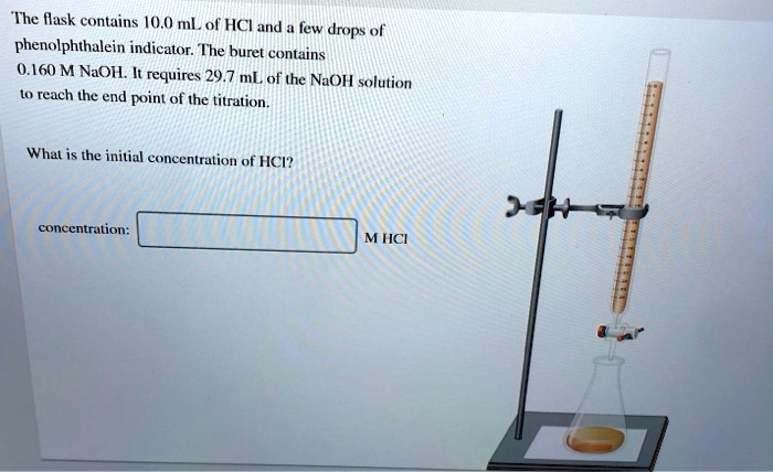 SOLVED: The flask contains 10.0 mL of HCl and a few drops of phenolphthalein indicator. The ...