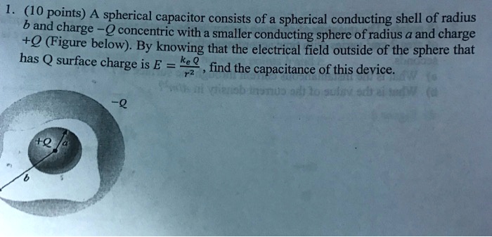 SOLVED: A spherical capacitor consists of a spherical conducting shell of radius b and charge Q0 ...