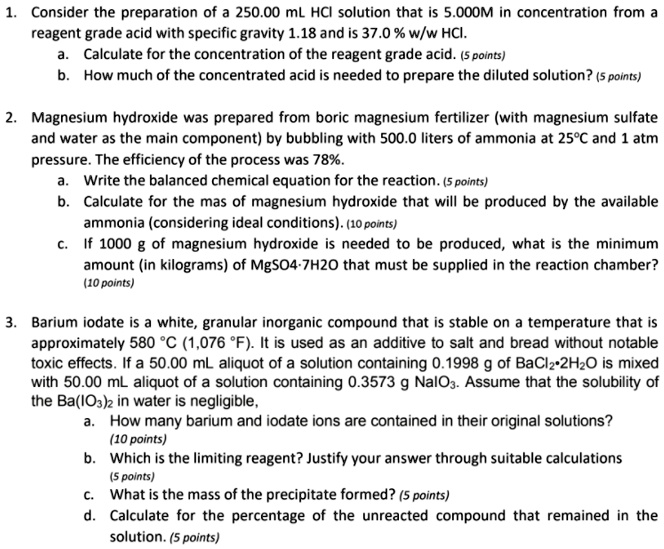 1. Consider the preparation of a 250.00 mL HCI solution that is 5.000M in concentration from a ...