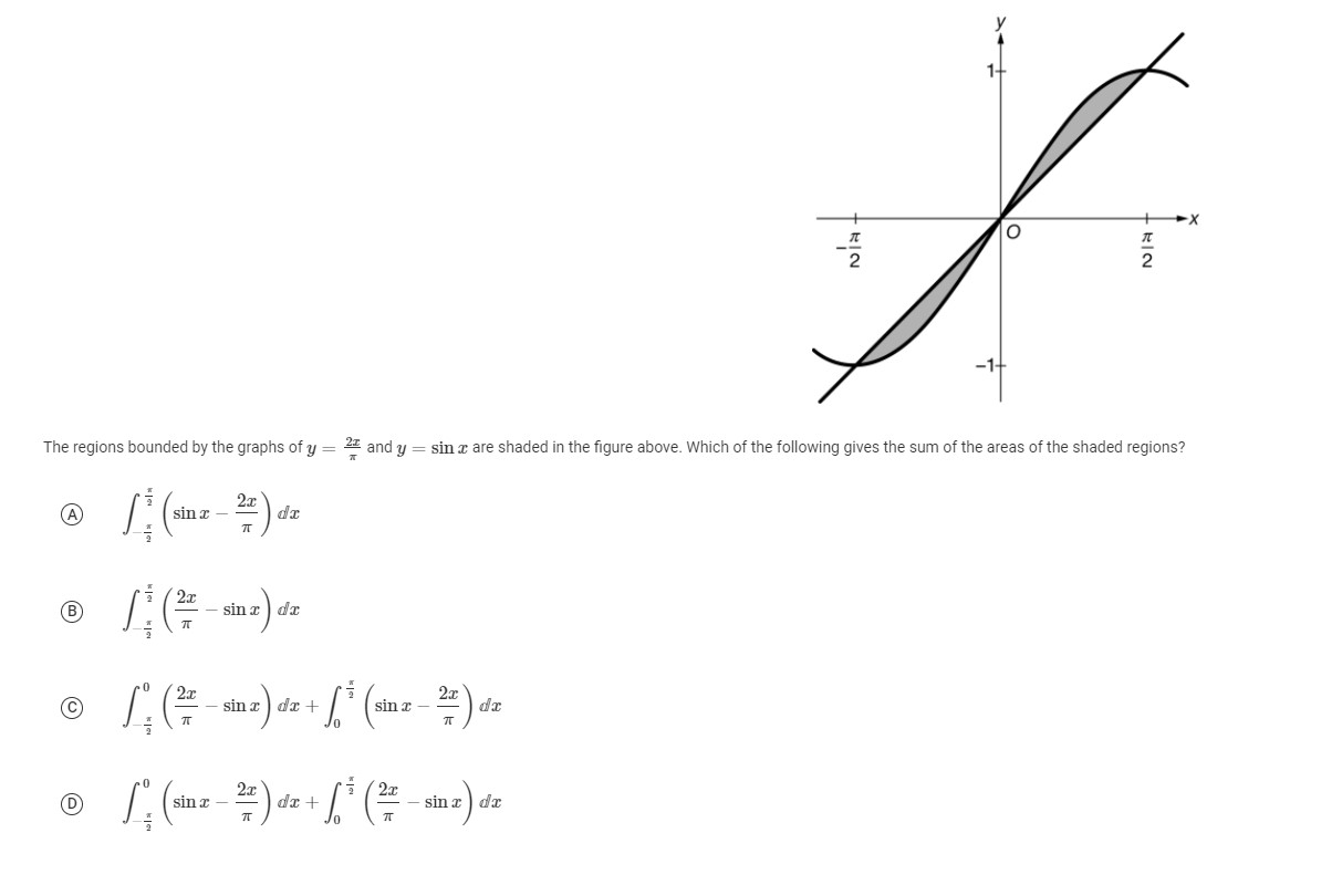 The regions bounded by the graphs of y=(2 x)/(π) and y=sin x are shaded ...