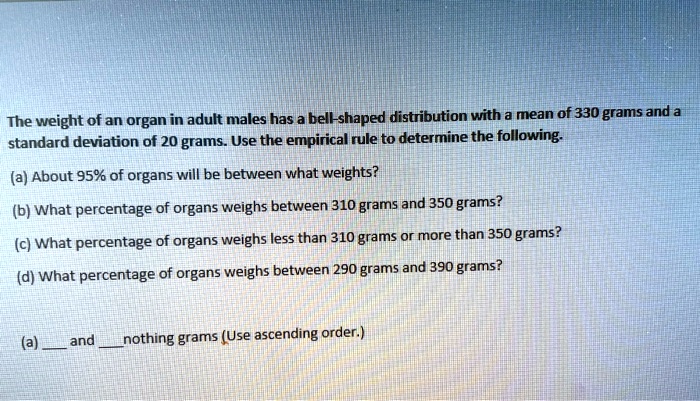 SOLVED: The weight of an organ in adult males has bell-shaped ...