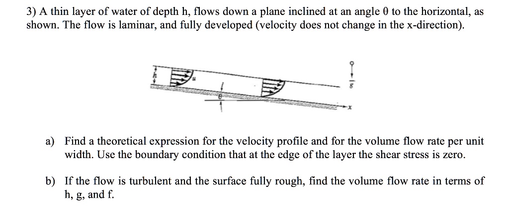 3) A thin layer of water of depth h, flows down a plane inclined at an ...
