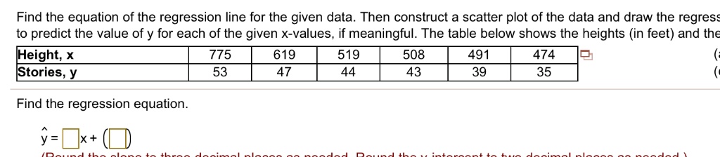 SOLVED: Find the equation of the regression line for the given data. Then construct a scatter ...