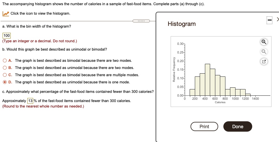 SOLVED: The accompanying histogram shows the number of calories in a sample of fast-food items ...
