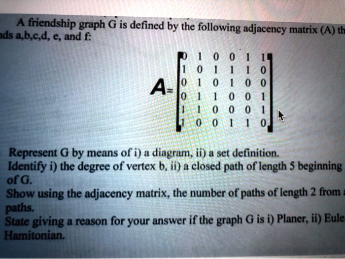 SOLVED: friendship graph G is defined by the following adjacency matrix ...