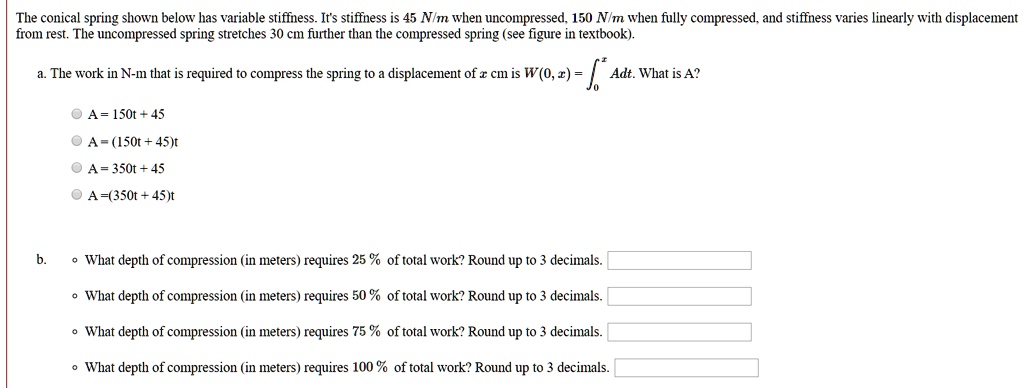 SOLVED: The conical spring shown below has variable stiffness. Its ...