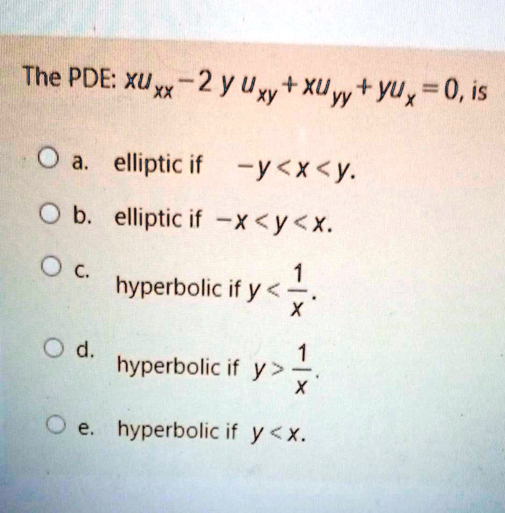 the pde xuxx 2y uxy xuyy yux f 0is a elliptic if yxy 0 b elliptic if x ...
