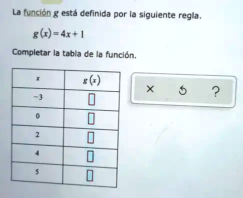 SOLVED: The function g is defined by the following rule: g(x) = 4x + 1. Complete the table of ...