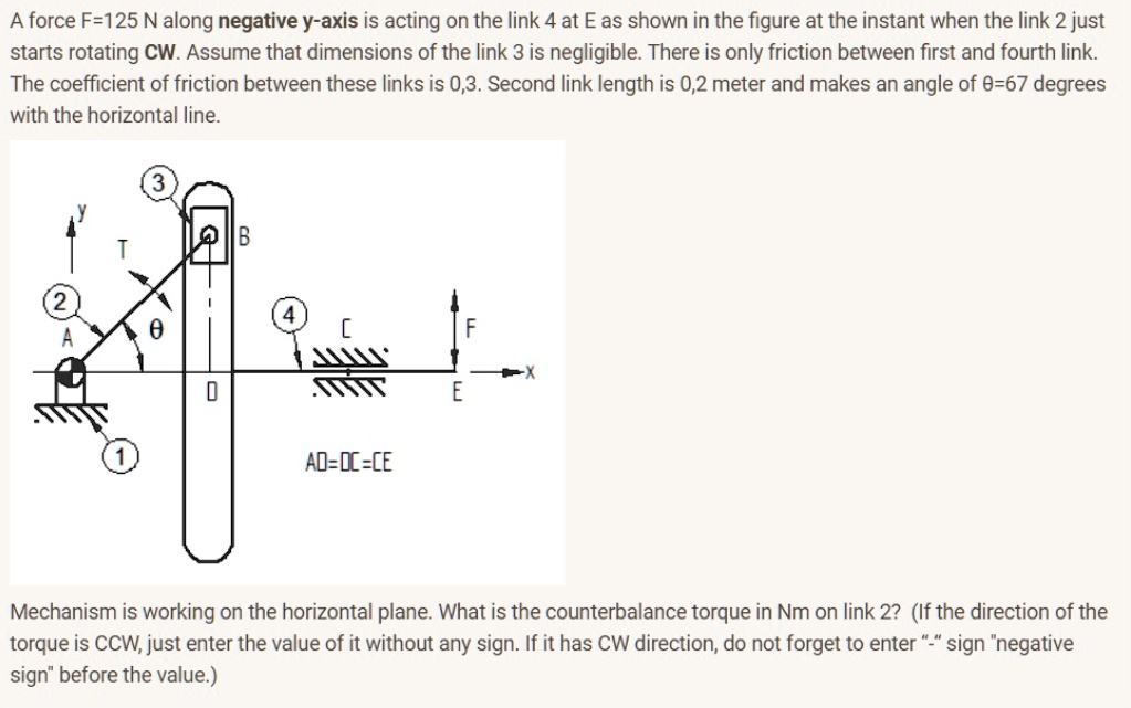 A force F=125 N along negative y-axis is acting on the link 4 at E as ...