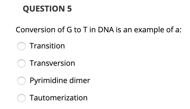SOLVED: QUESTION 5 Conversion of G to T in DNA is an example of a ...