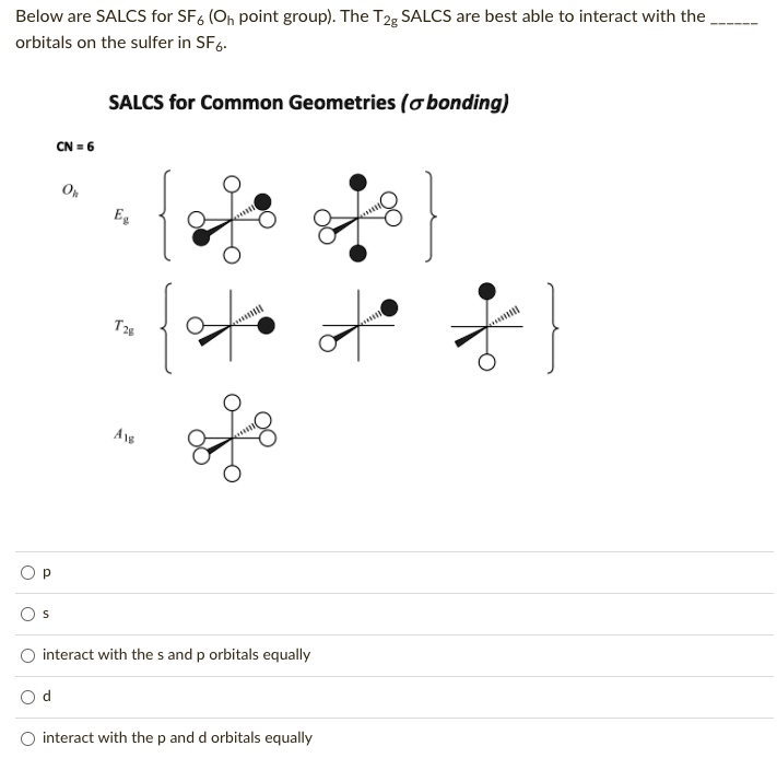 SOLVED: Below are SALCS for SFs (Oh point group): The Tzg SALCS are ...