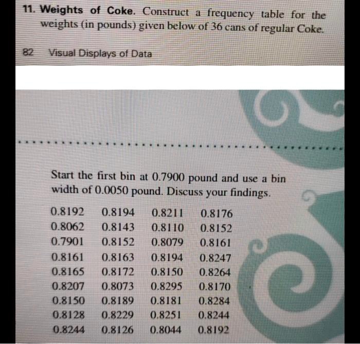 11 weights of coke construct frequency table for the wcights in pounds ...
